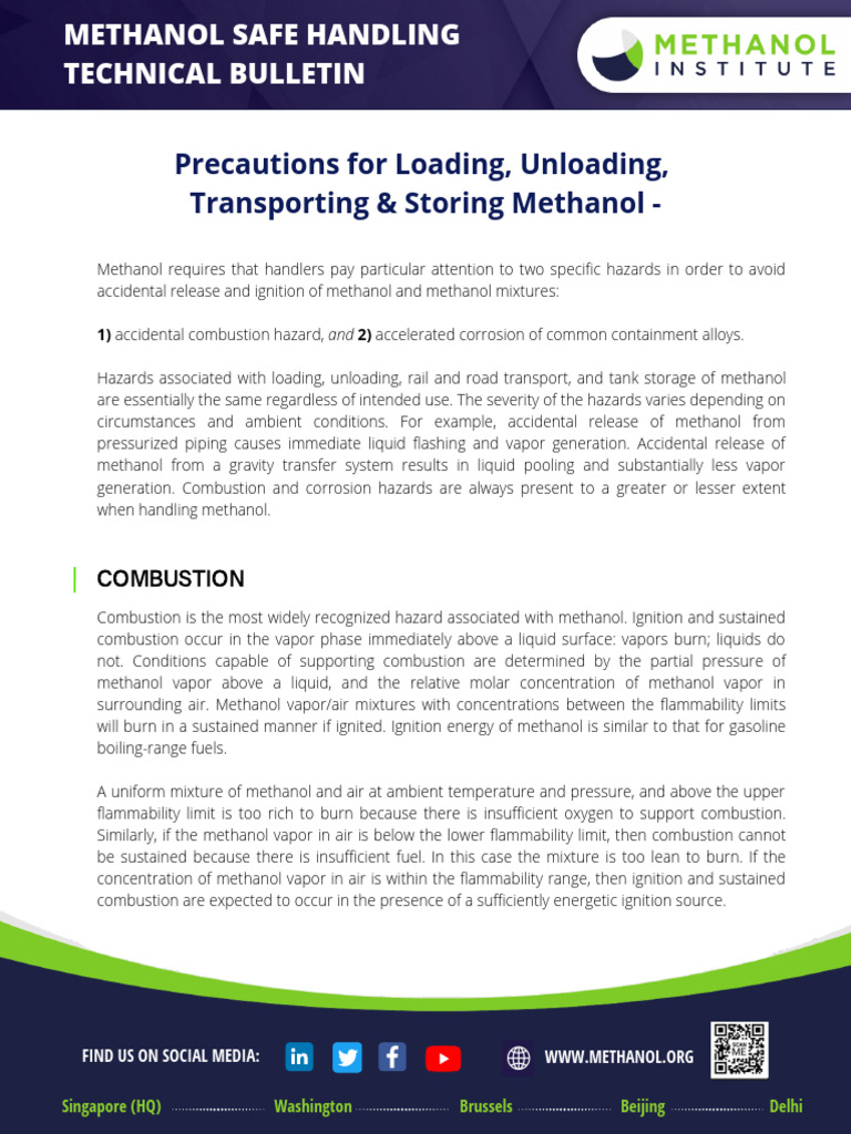 Precautions For Loading Unloading Transporting Storing Methanol Bulletin | PDF | Combustion ...