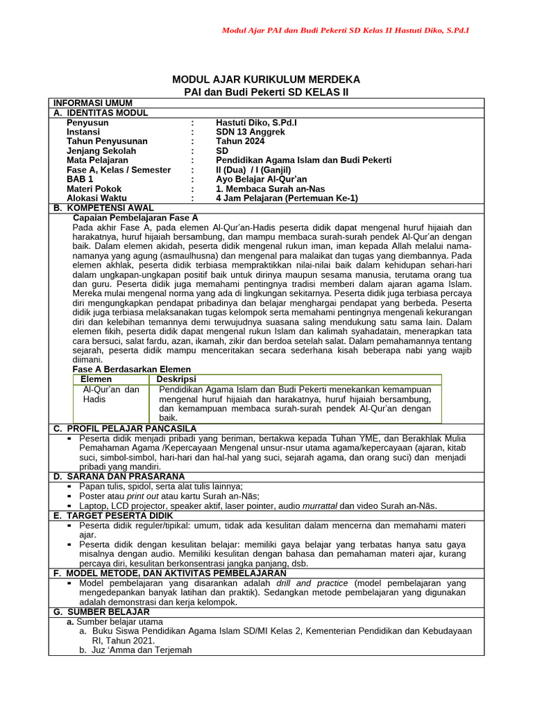 Modul Ajar PAI Kelas 2 - BAB 1 | PDF