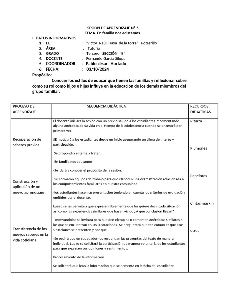 Sesion de Aprendizaje #5 Tutoria | PDF | Maestros | Aprendizaje