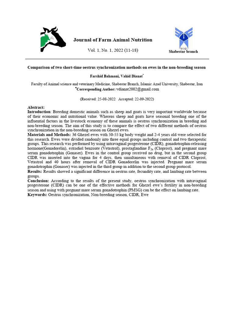 Comparison Of Two Short Time Oestrus Synchronization Methods On Ewes In The Non Breeding Season