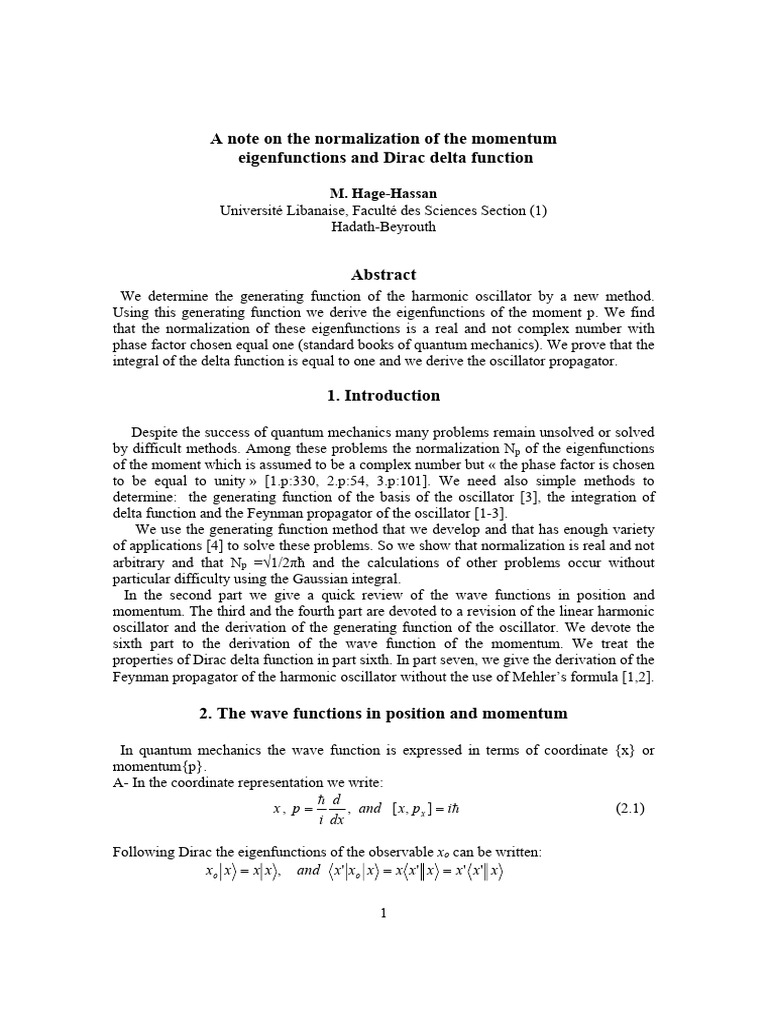 Normalization Of The Momentum Eigenfunctions Pdf Wave Function