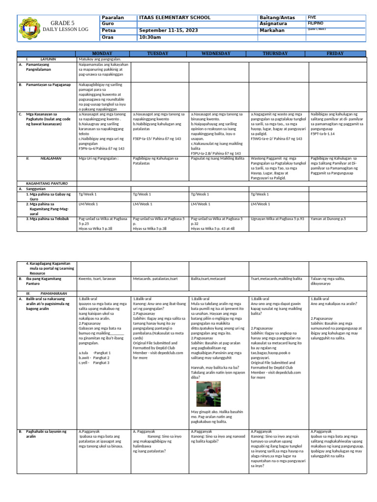 DLL - Filipino 5 - Q1 - W3 | PDF