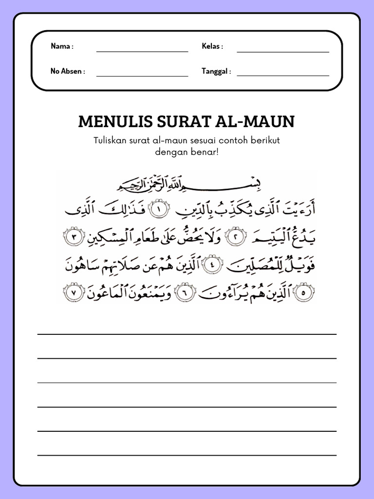 Lembar Kerja Pendidikan Agama Islam Menulis Surat Al-Maun Putih Ungu ...