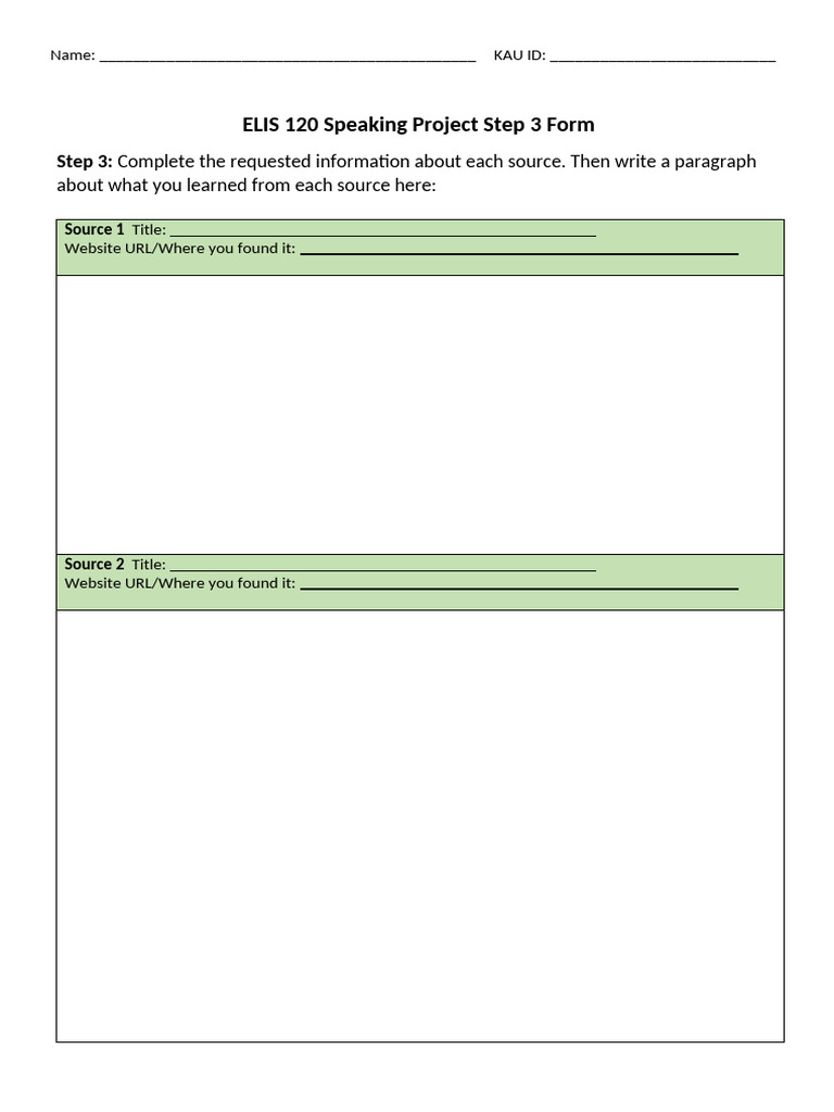 ELIS 120 Speaking Project Step 3 Form 2024-2025 | PDF