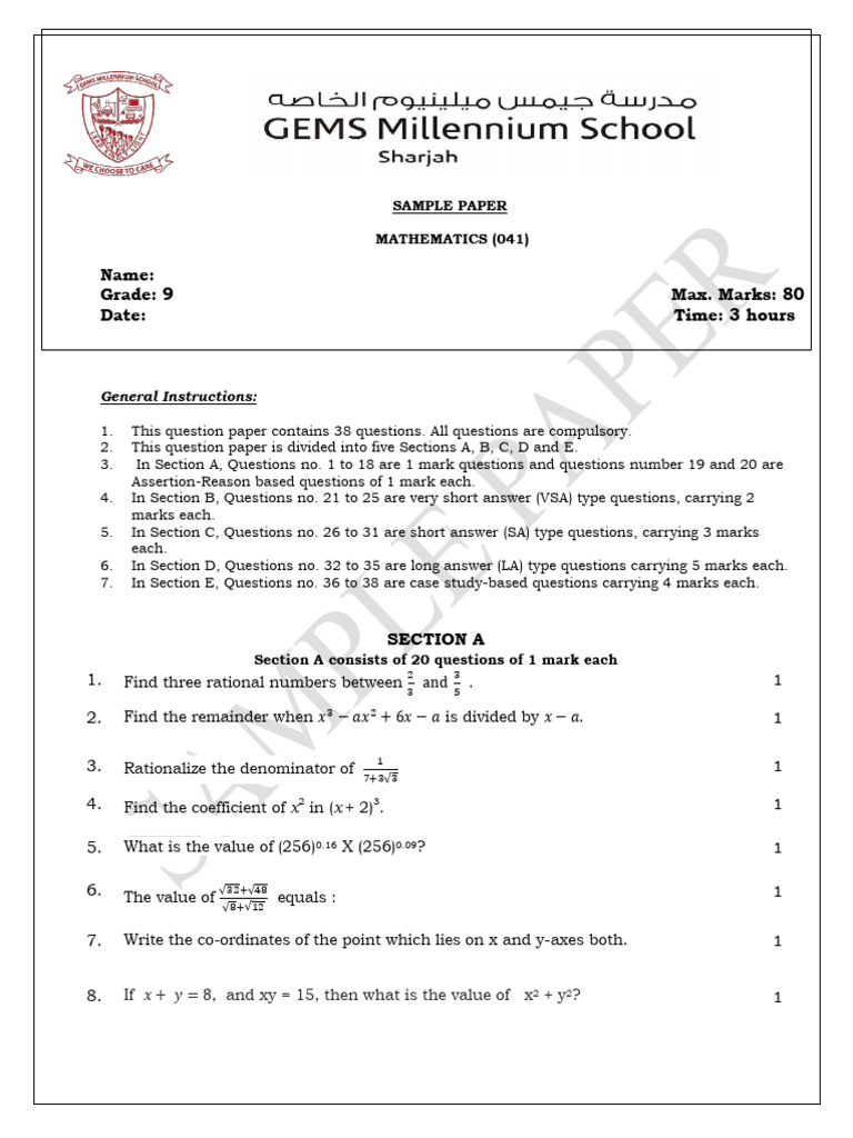 Grade 9 Mathematics Midterm Sample Paper | PDF | Sphere | Area