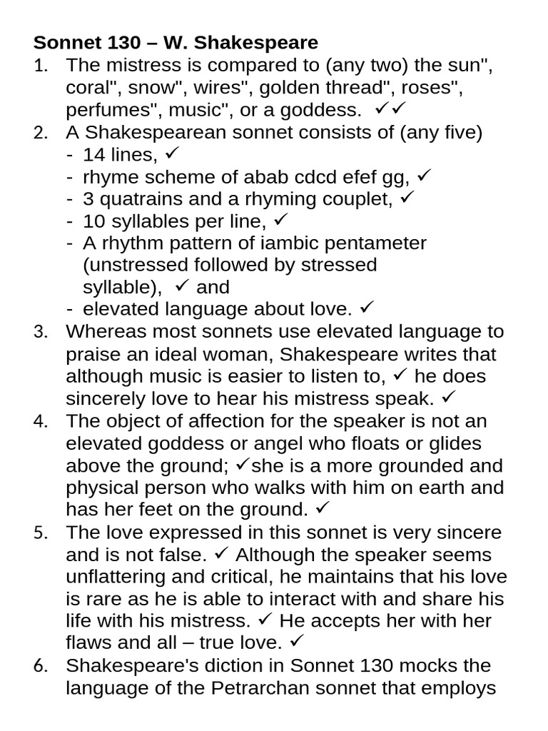 Analysis of Shakespeare's Sonnet 130 | PDF | Poetry | Classics