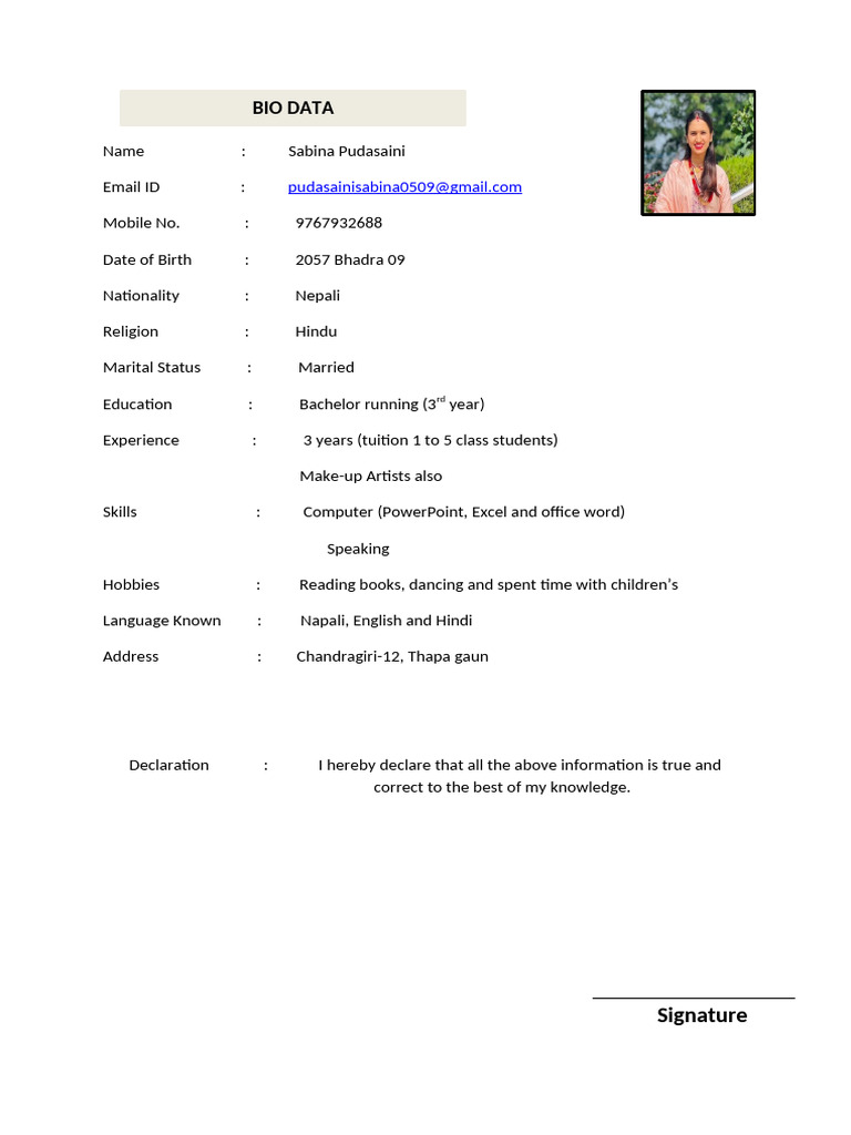 Student Bio Data of Sabina Pudasaini | PDF