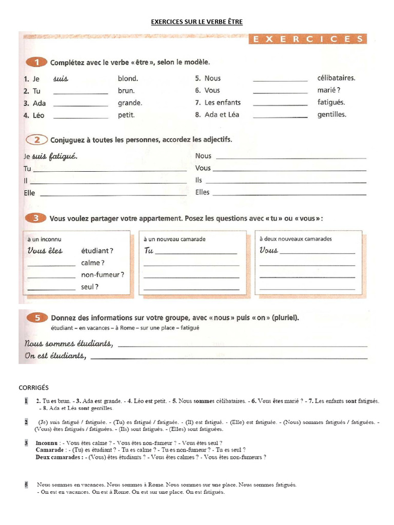Exercices Sur Le Verbe Être | PDF
