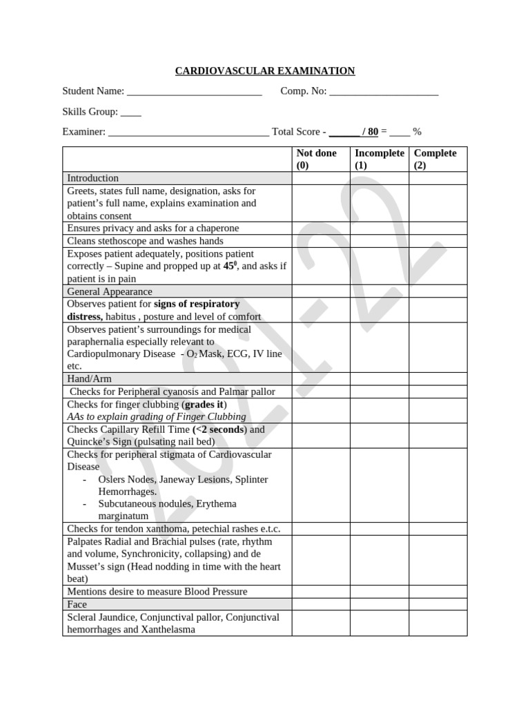 CARDIOVASCULAR EXAMINATION Rubric | PDF | Medicine | Diseases And Disorders
