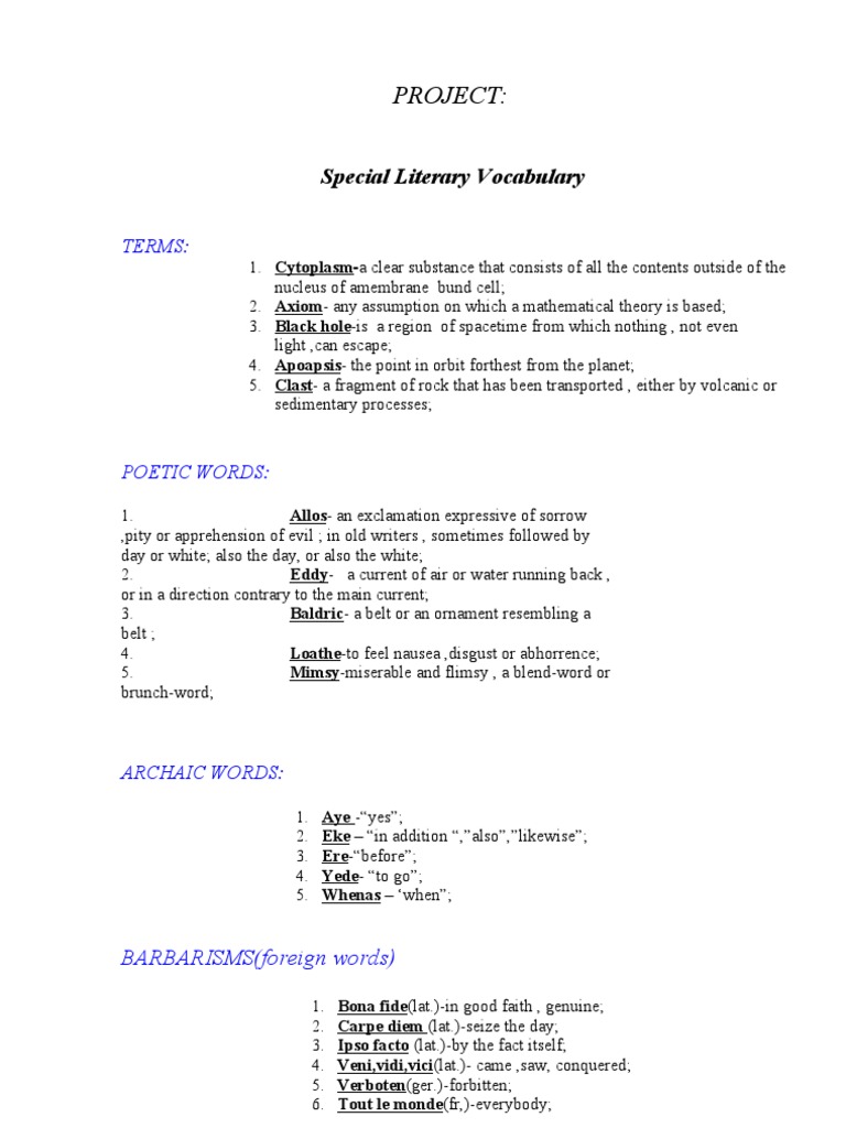 Literary Vocabulary and Terms Guide | PDF