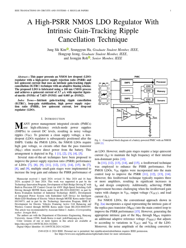 A High-PSRR NMOS LDO Regulator With Intrinsic Gain-Tracking Ripple ...