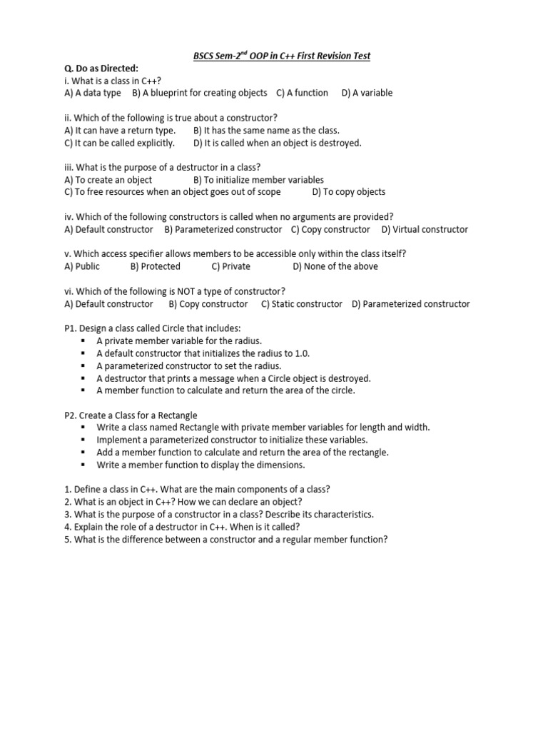 OOP C++ Comprehensive Test 1 | PDF