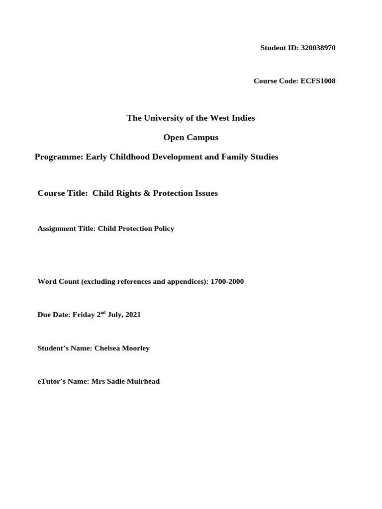 Assignment 1 - Child Protection Policy | PDF | Child Abuse | Child ...