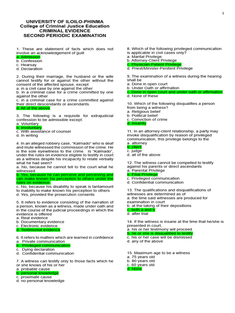 Evidence Midterm With Answers | PDF | Witness | Evidence (Law)