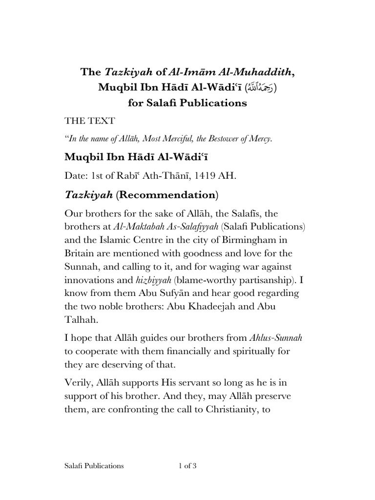 Tazkiyah of Shaikh Muqbil For SP English | PDF