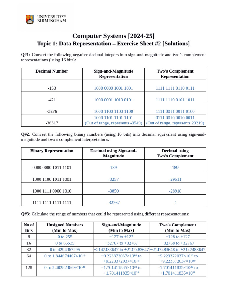 02 - Data Representation - Exercise Sheet 2 (Solutions) - 1271758327 | PDF | Mathematics | Encodings