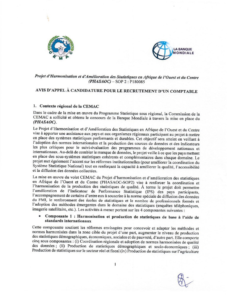 Projet HISWACA CEMAC AVIS Recrutement Comptable | PDF