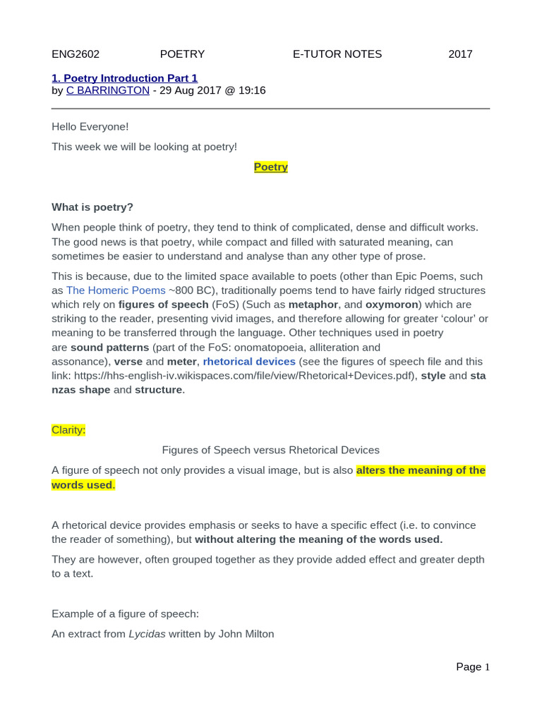 ENG2602 E Tutor Notes Poetry | PDF | Metre (Poetry) | Poetry
