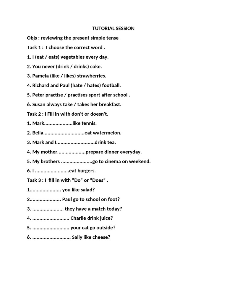 TUTORIAL SESSIOn 2ms Present Simple Tense 2024 | PDF | Eating Behaviors ...