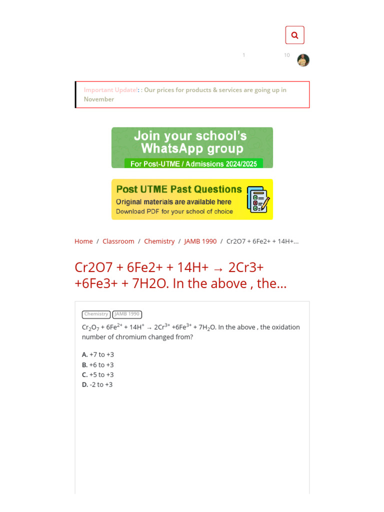 Cr2O7 + 6fe2+ + 14H+ 2Cr3+ +6fe3+ + 7H2O. in The Above, The ...