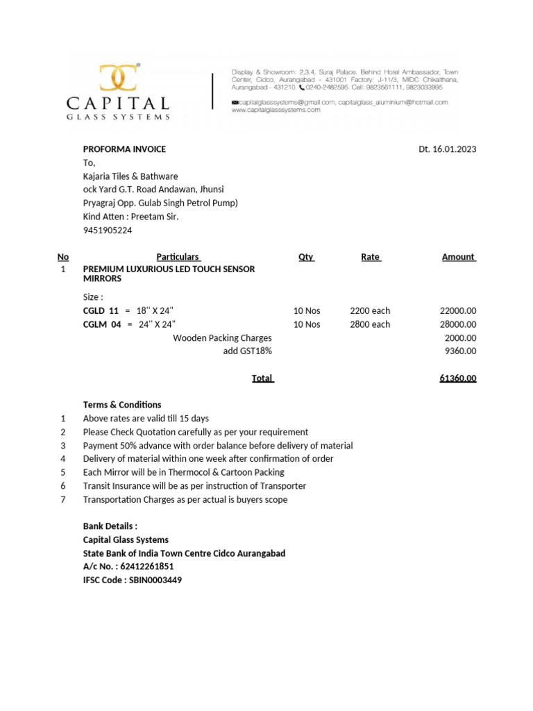 Proforma Invoice for LED Touch Mirrors | PDF