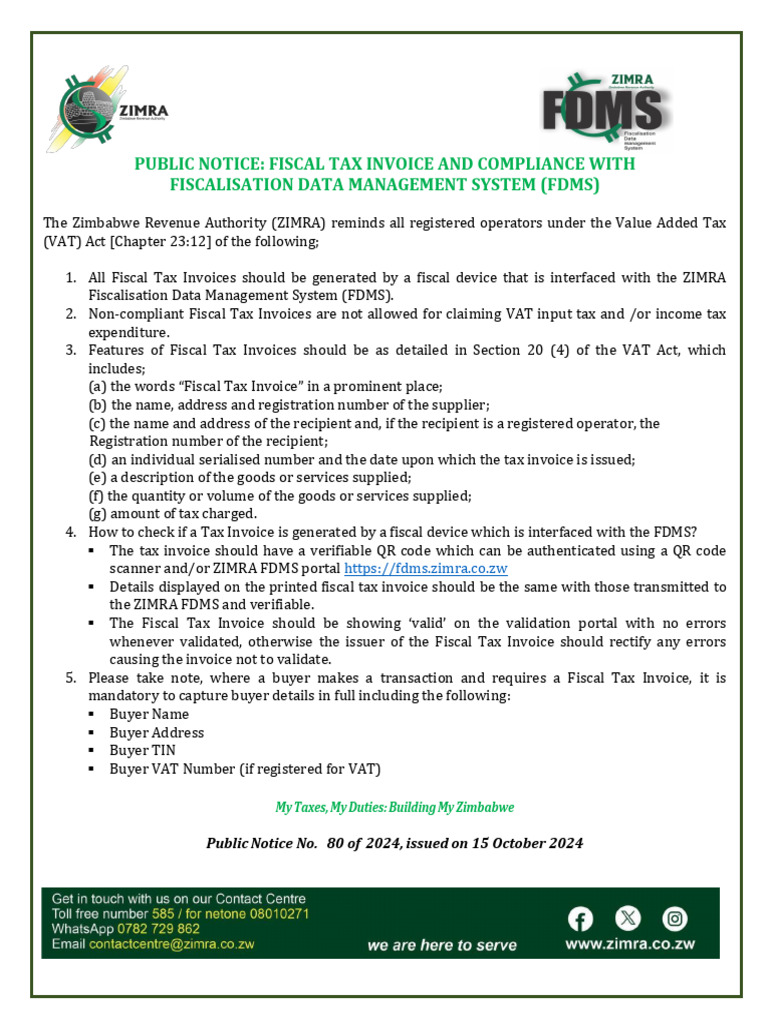 Public Notice 80 of 2024 Fiscal Tax Invoice Compliance With FDMS | PDF ...