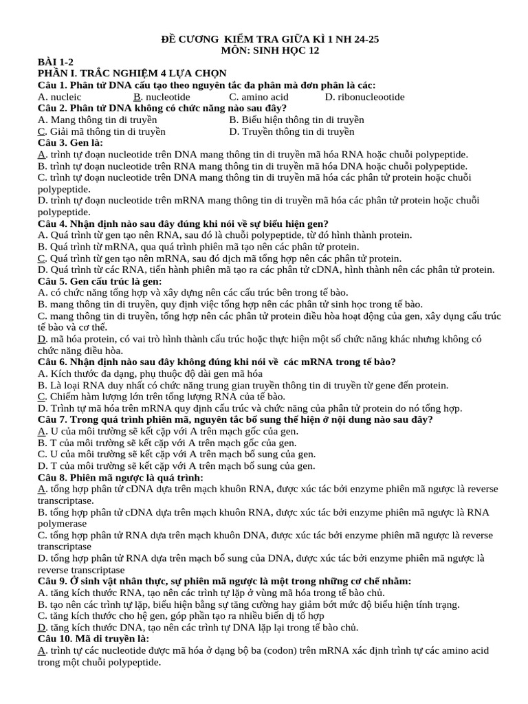 Sinh 12 de Cuong gk1 | PDF