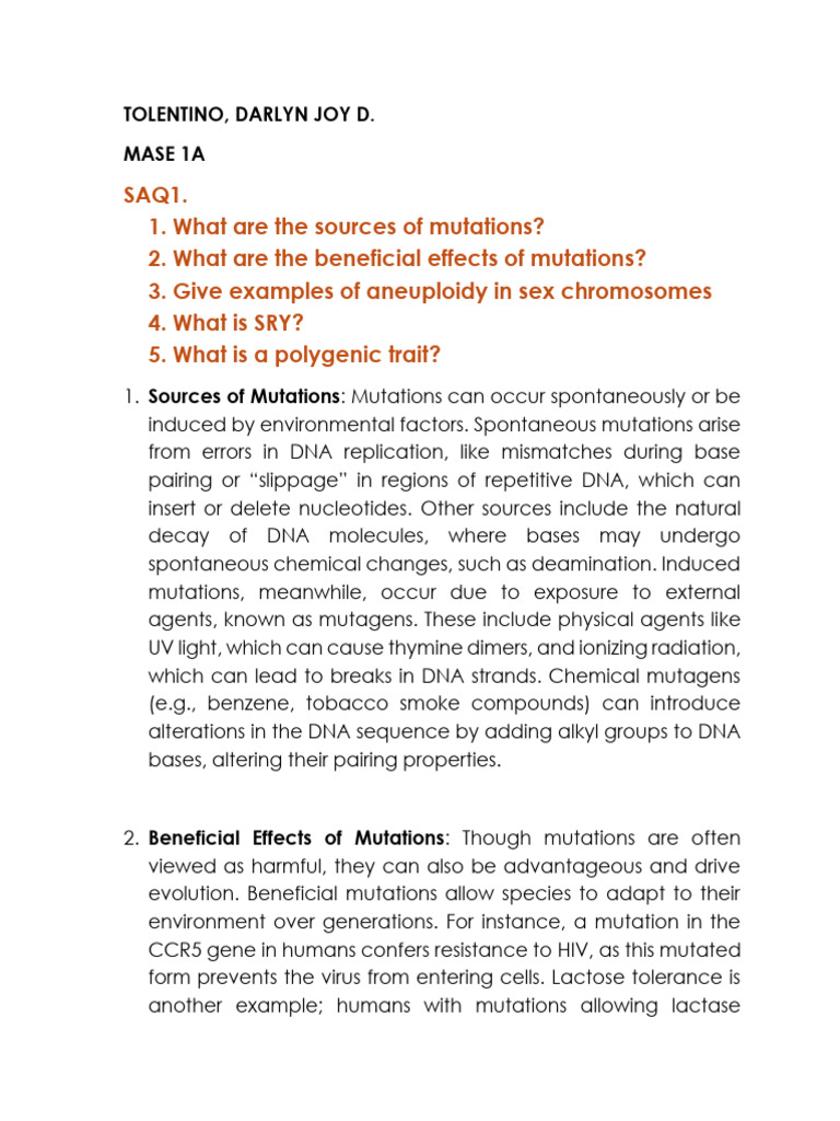 Genetics - Assignment - Tolentino - Darlyn Joy D | PDF | Mutation | Dna