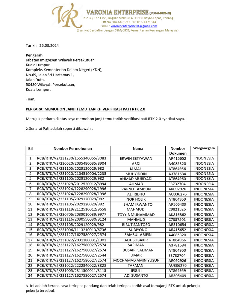 Reschedule Letter Enterprise Jalan Duta | PDF