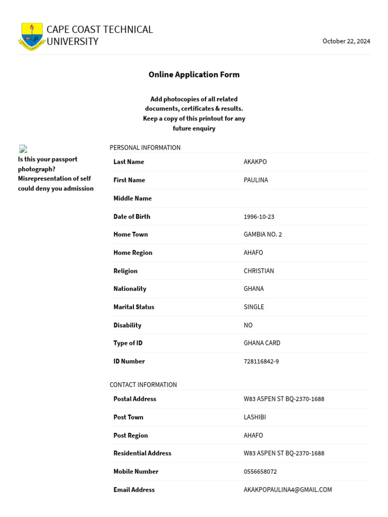 Cape Coast Technical University Admission Form | PDF