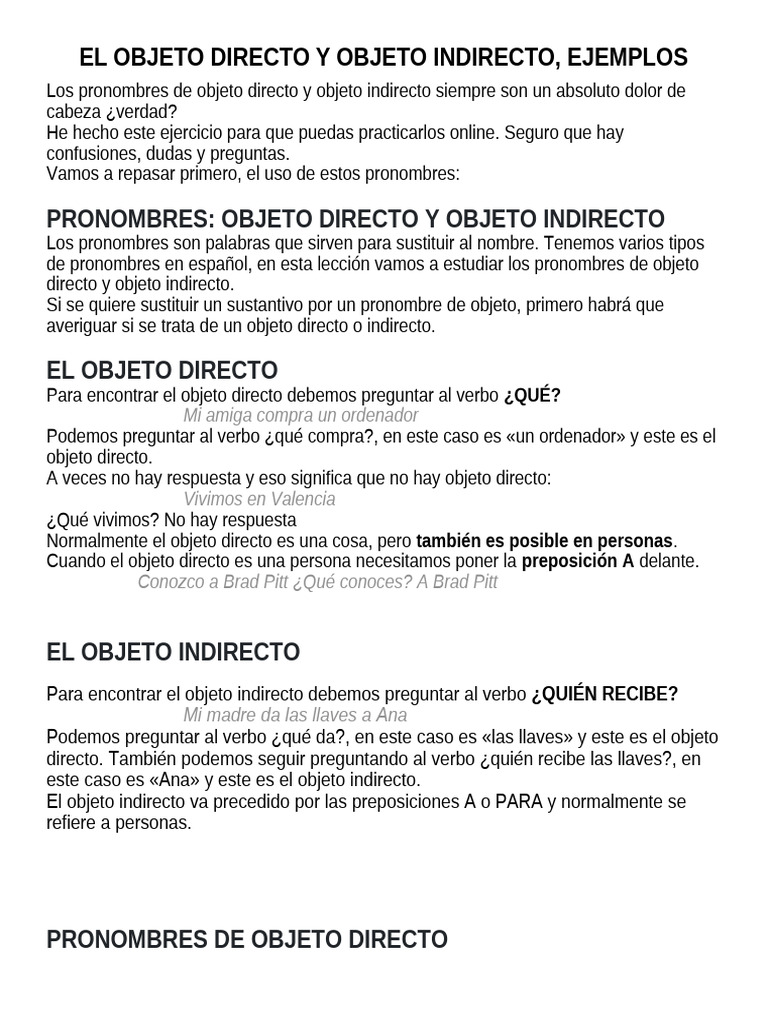 Objetos Directo e Indirecto: Ejemplos y Análisis | PDF | Objeto ...