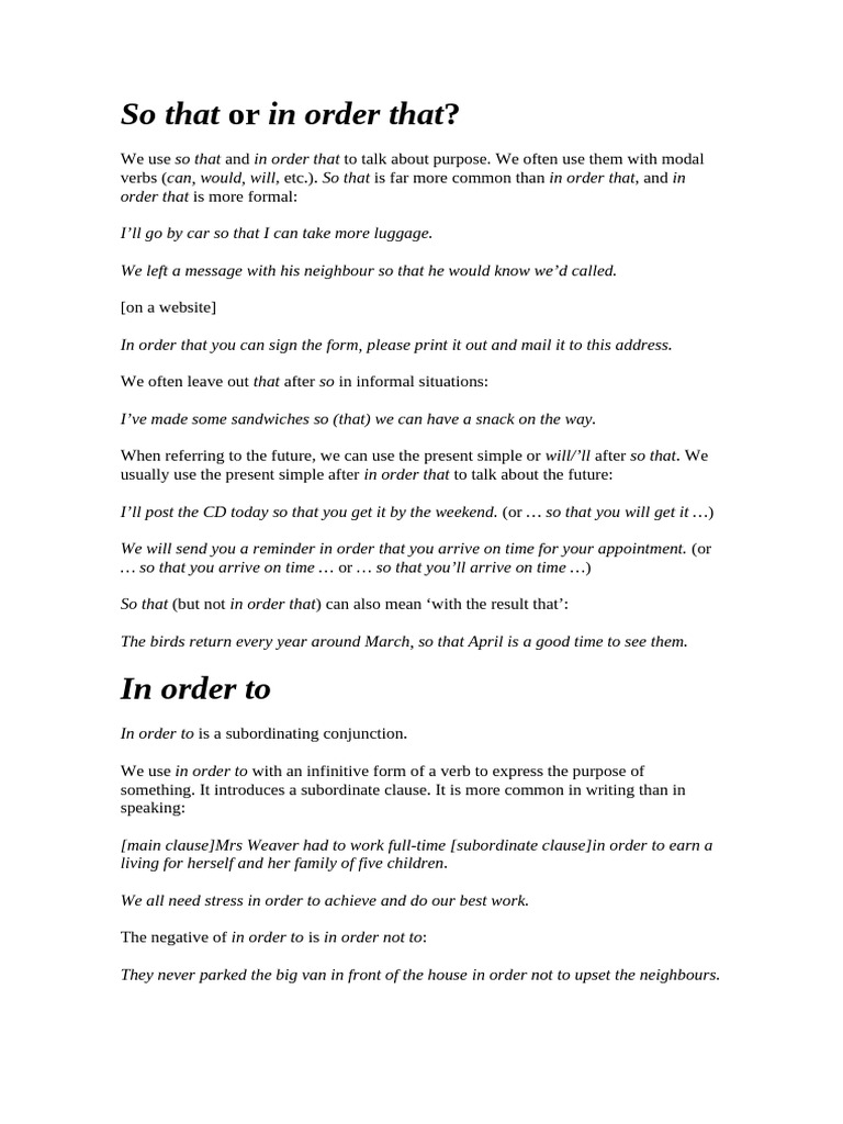 So Thtat, in Order That, So and in Order To | PDF