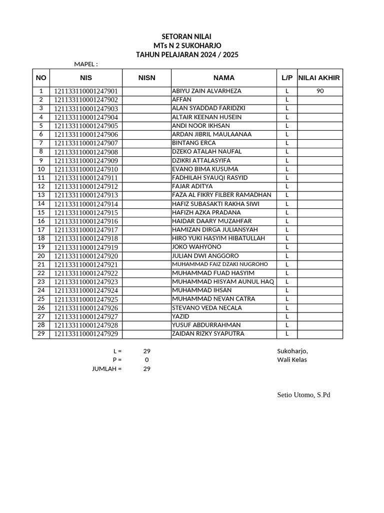 Kl-7 Form Setoran Nilai Guru Mapel Ke Wali Kelas | PDF