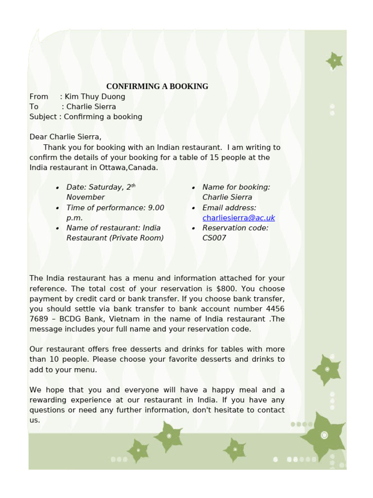 Confirming A Booking | PDF | Cooking, Food & Wine