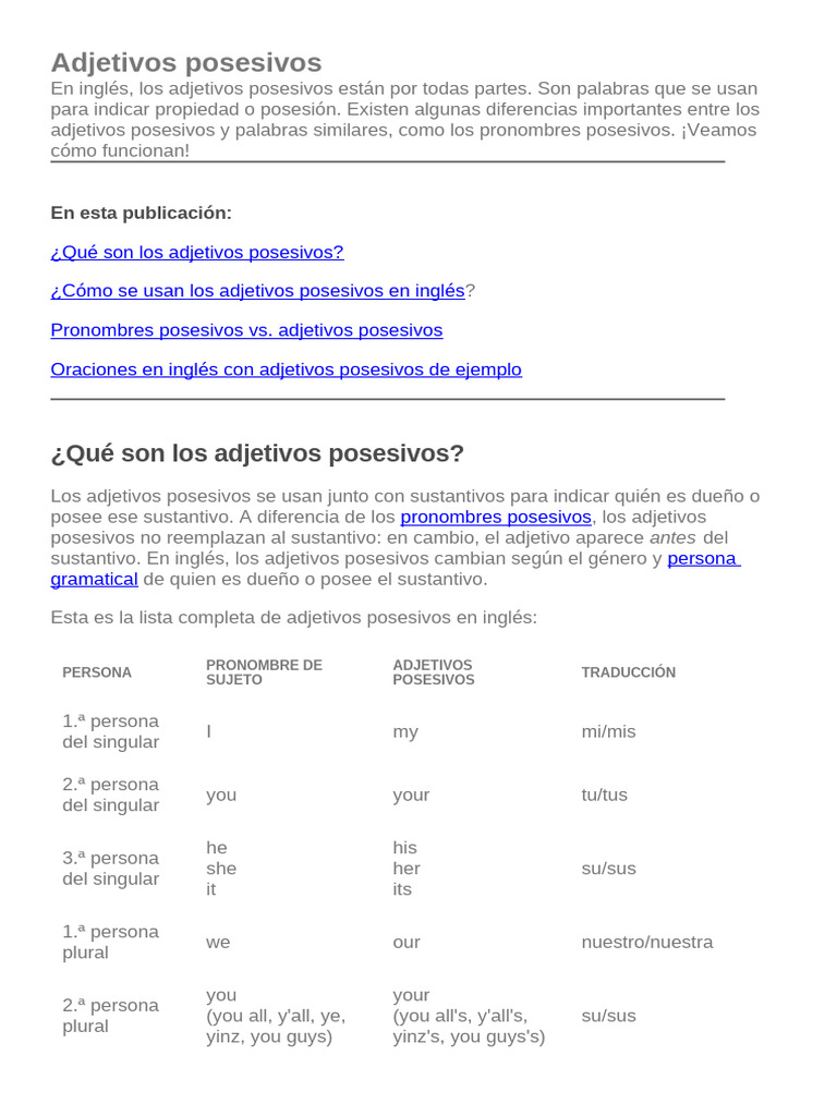 Adjetivos y Pronombres Posesivos | PDF | Adjetivo | Pronombre