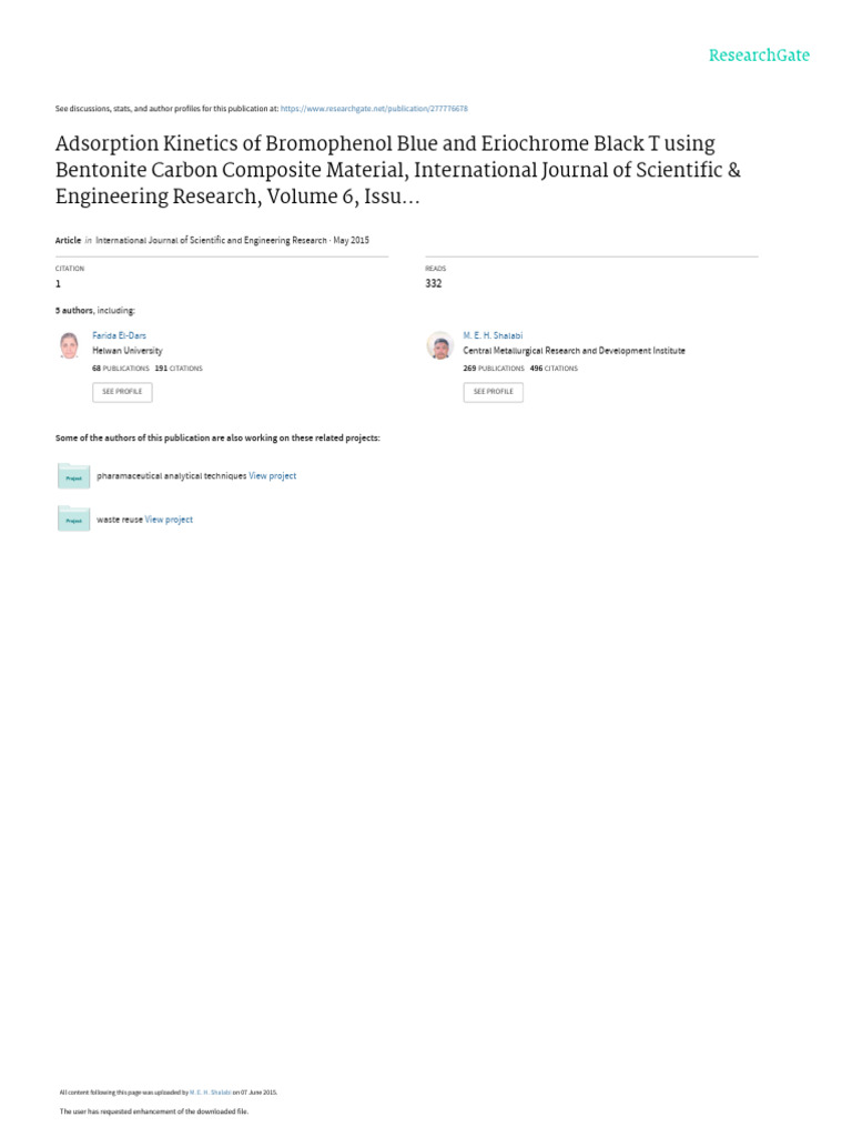 Adsorption Kinetics of Bromophenol Blue and Eriochrome Black T Using Bentonite Carbon Composite ...