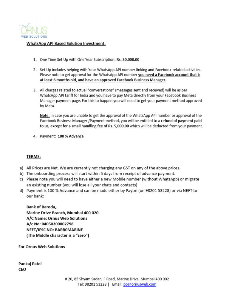 WhatsApp API Based Solution Investment | PDF | Career & Growth