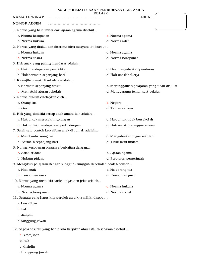 Soal Formatif Pancasila Kelas 6 Bab 3 | PDF