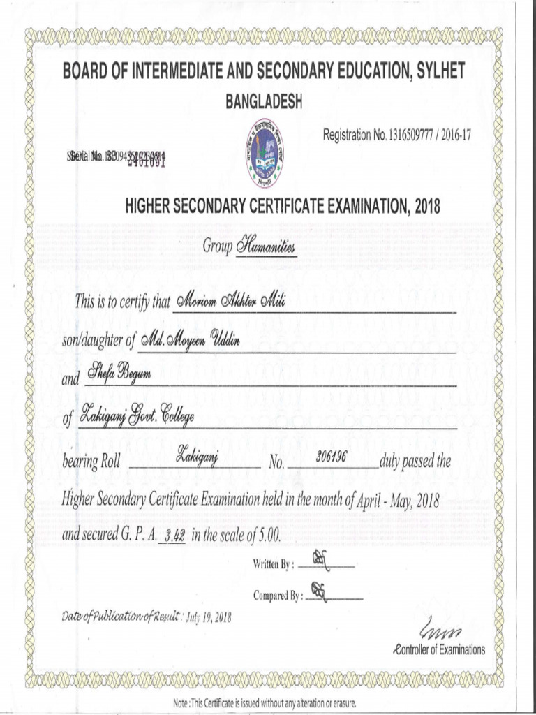 HSC Certificate | PDF