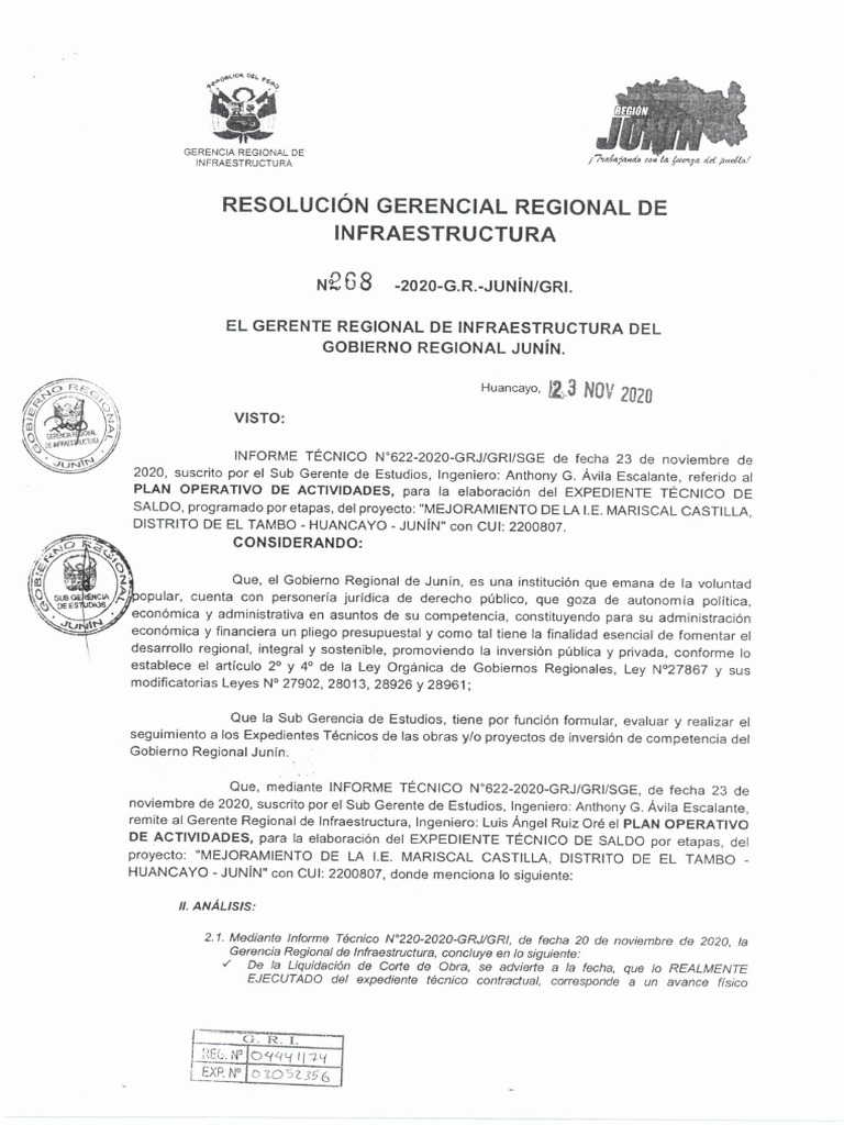 Resoluci N Gerencial Regional de Infraestructura N 268-2020-GR-JUNIN GRI | PDF | Presupuesto ...