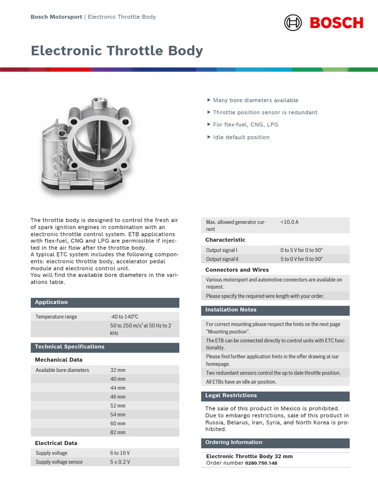 Data Sheet - 68749835 - Electronic - Throttle - Body | PDF | Engine Technology | Engines