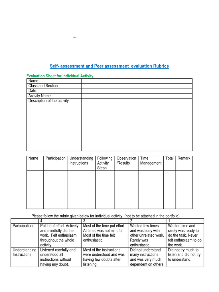Self-Assessment and Peer Assessment Evaluation Rubrics: Portfolio | PDF ...