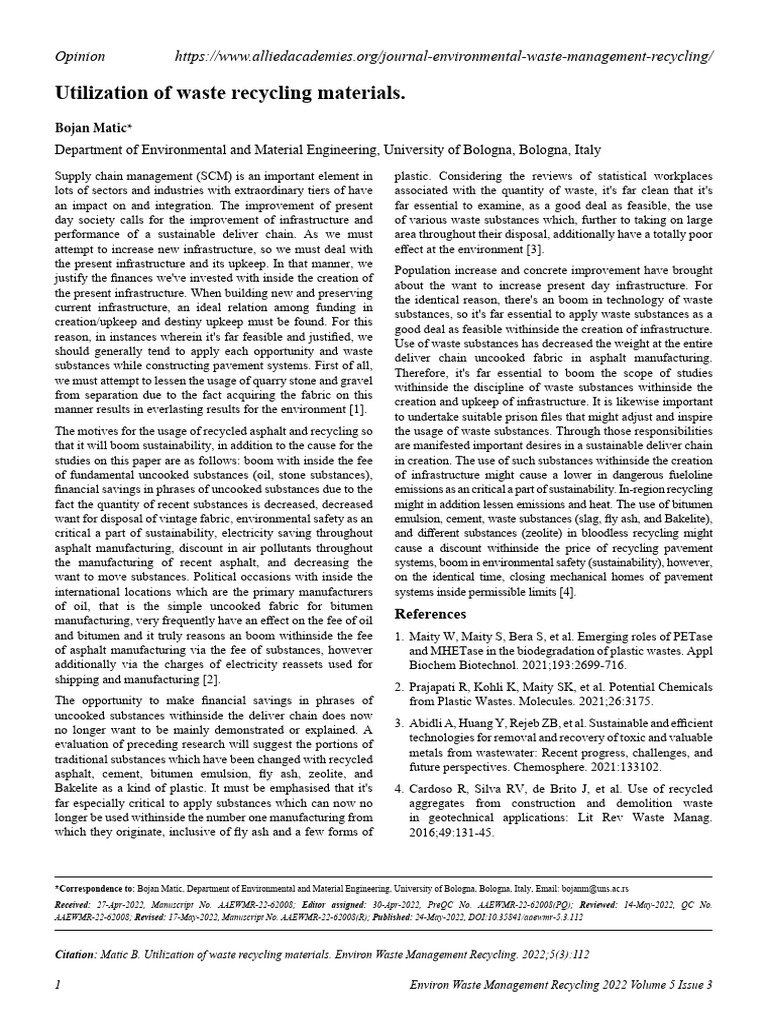 Utilization of Waste Recycling Materials | PDF | Infrastructure | Waste