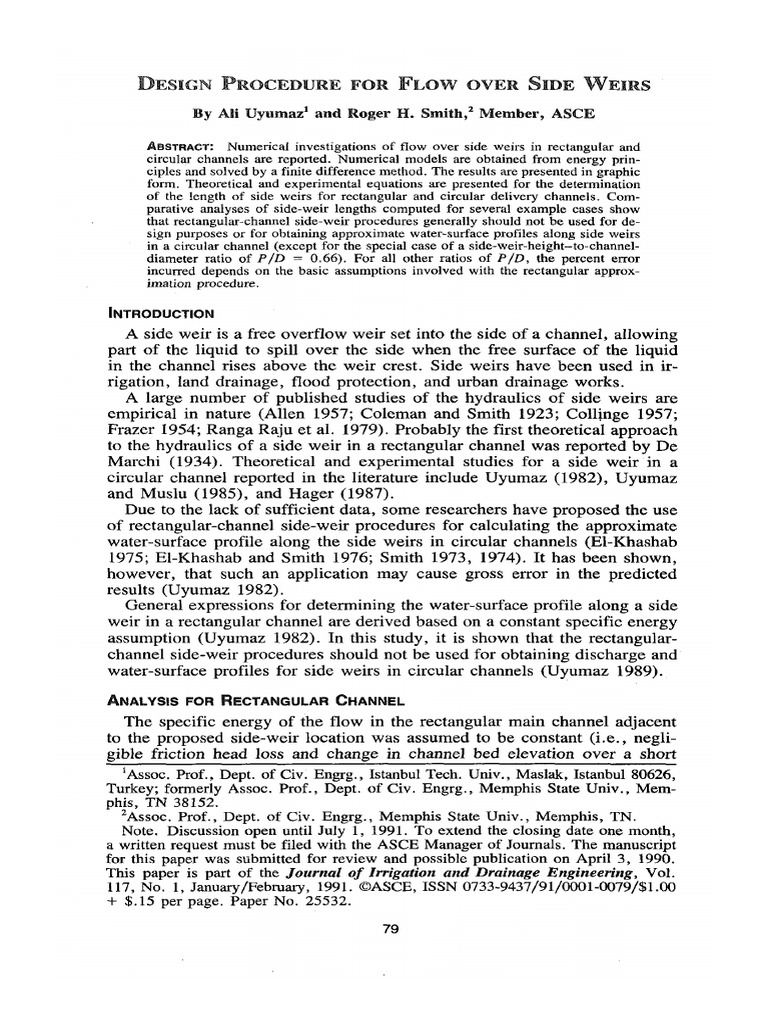 【Design Procedure for Flow over Side Weirs（Uyumaz ，1991）】 | PDF ...