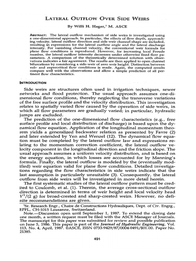 【Lateral outflow over side weirs（Hager，1987）】 | PDF | Discharge ...