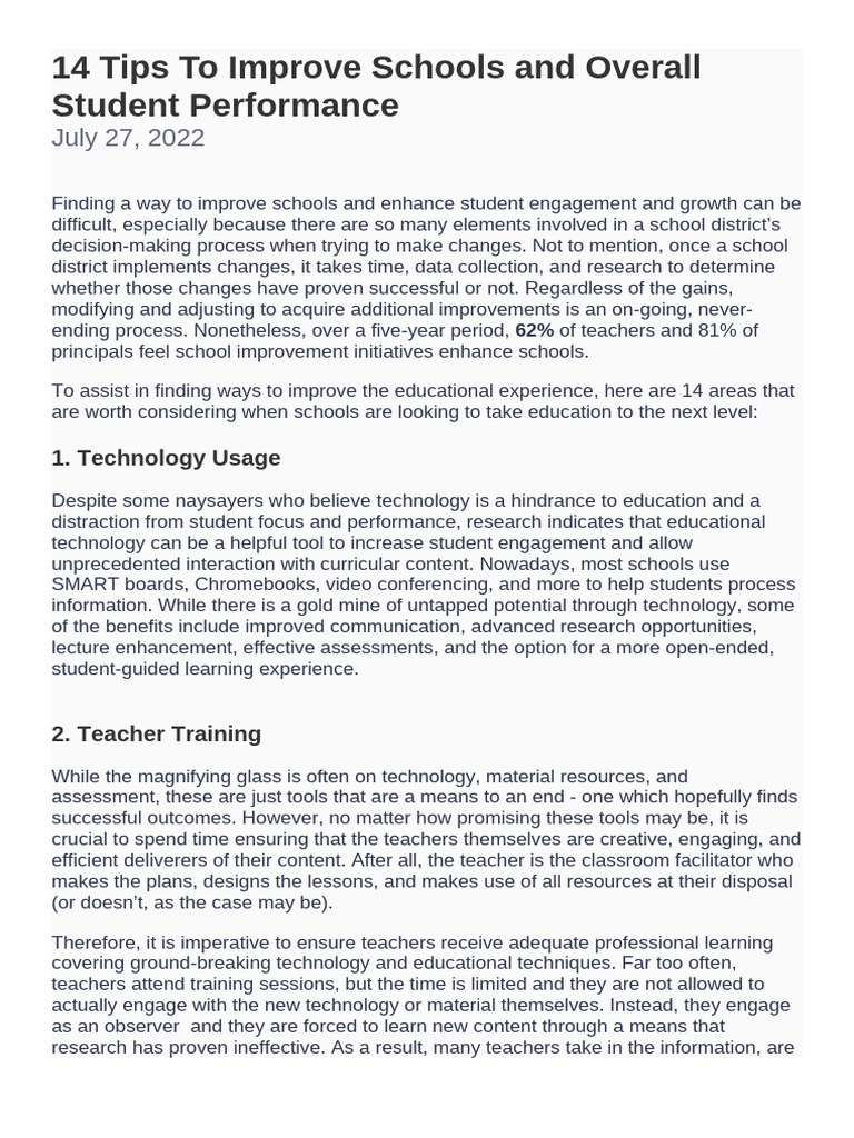 14 Strategies to Enhance School Performance | PDF | Teachers | Schools