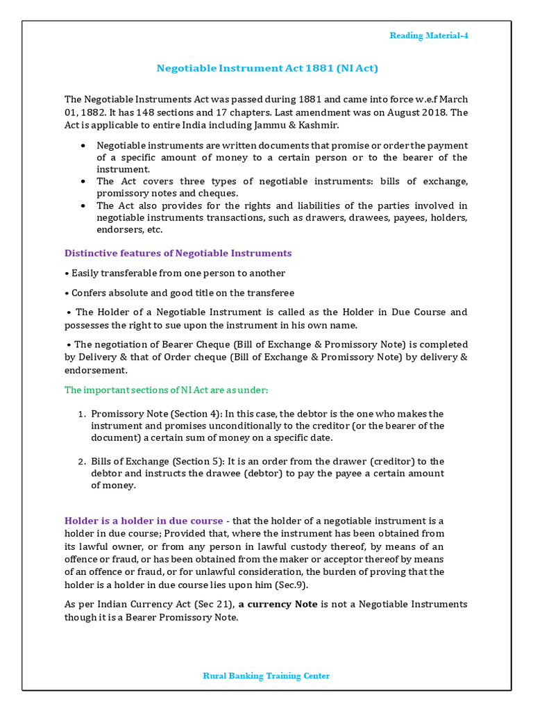 Overview of the Negotiable Instruments Act | PDF | Negotiable ...
