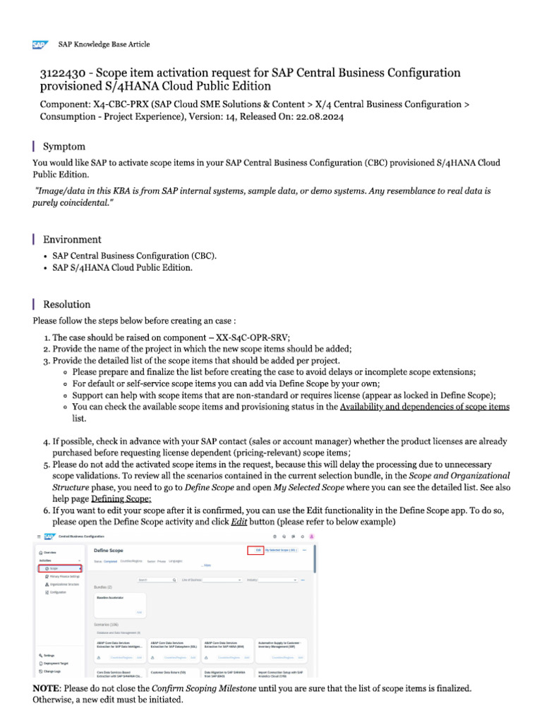 Scope Item Activation Request For SAP Central Business Configuration ...