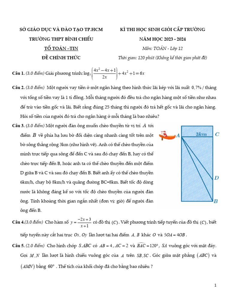 De Hoc Sinh Gioi Toan 12 Nam 2023 2024 Truong THPT Binh Chieu TP HCM | PDF