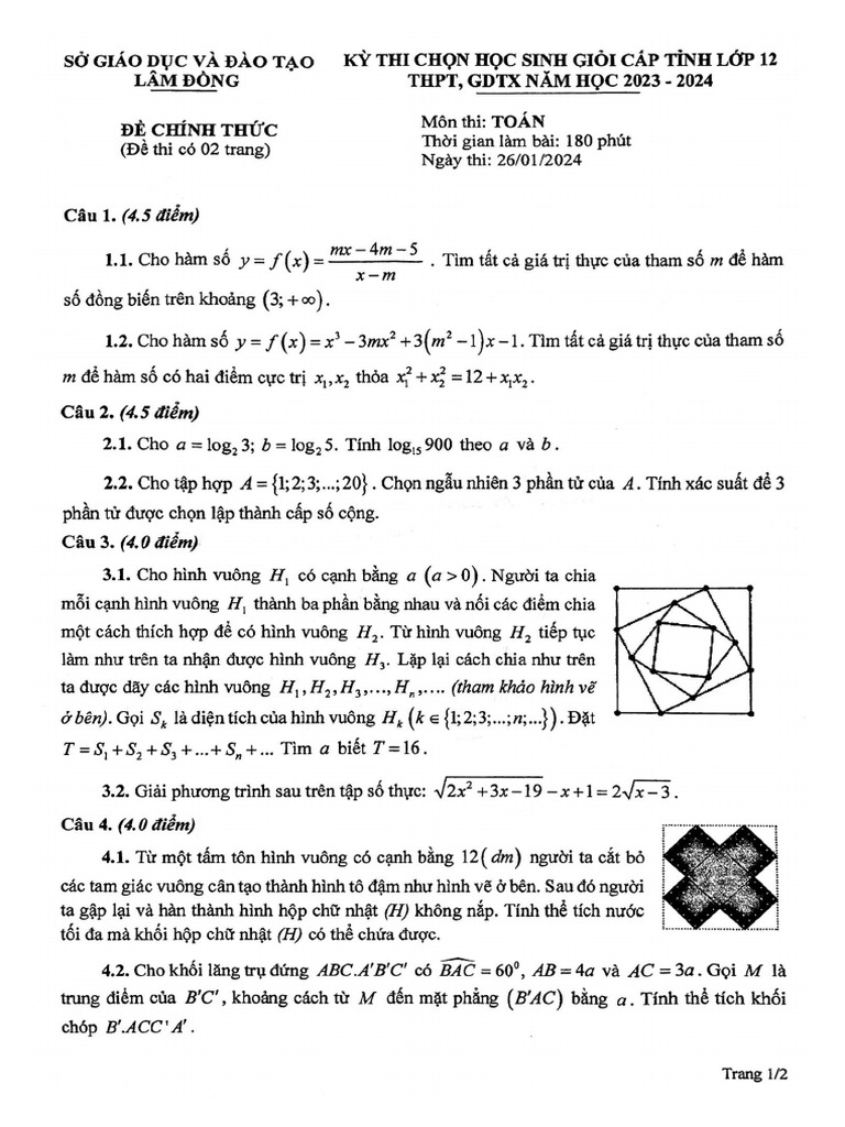 De Hoc Sinh Gioi Cap Tinh Toan 12 Nam 2023 2024 So GDDT Lam Dong | PDF